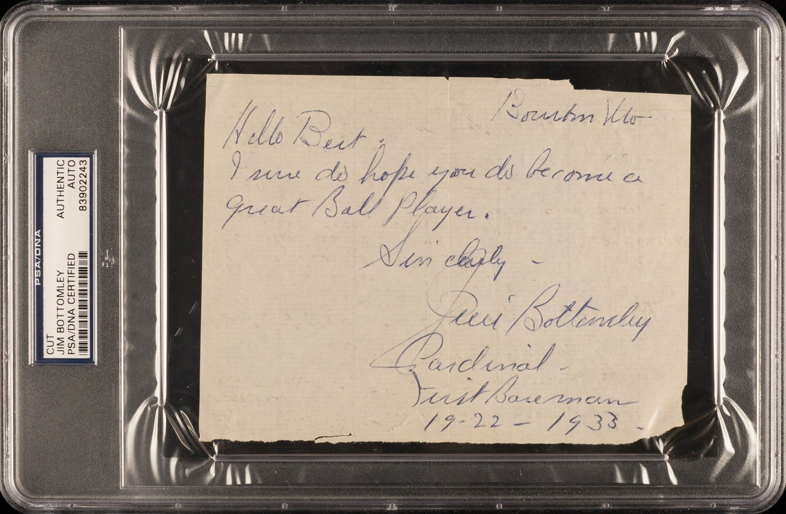 Jim Bottomley Handwritten Letter | REA Archive