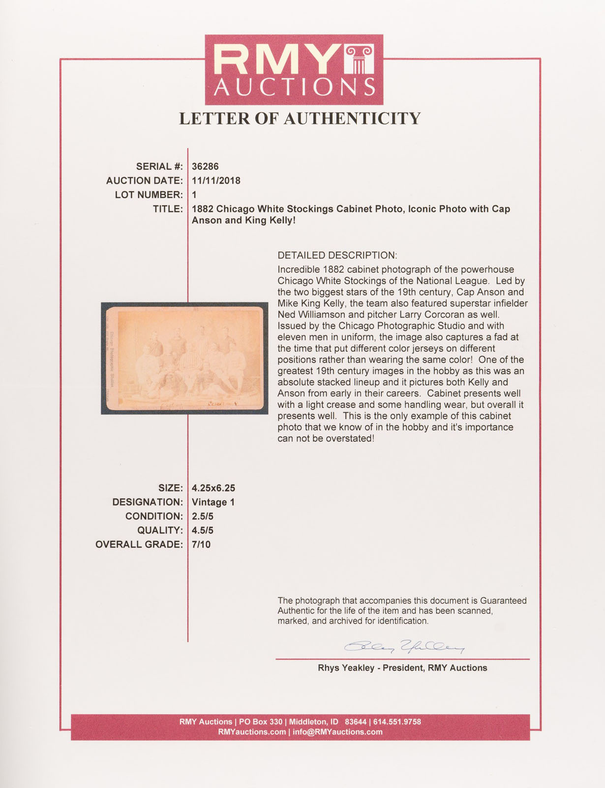 1882 Chicago White Stockings Team Cabinet with Cap Anson and King Kelly ...