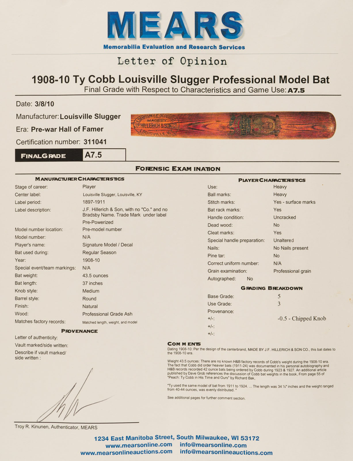 1908-1910 Ty Cobb Detroit Tigers Game-Used Pro-Model Decal Bat - MEARS ...