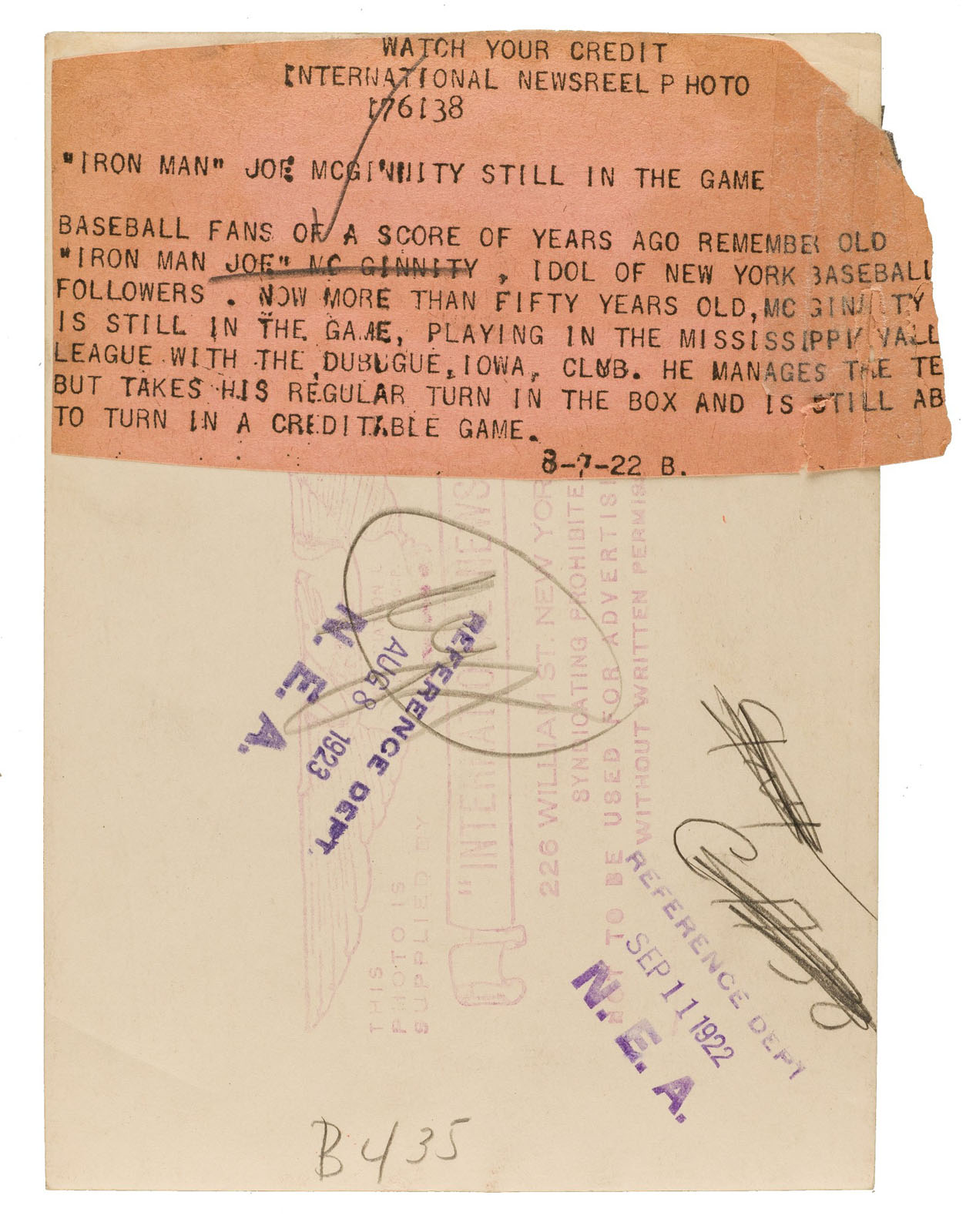 Trio of Early 1920s Joe McGinnity News Photographs (3) | REA Archive