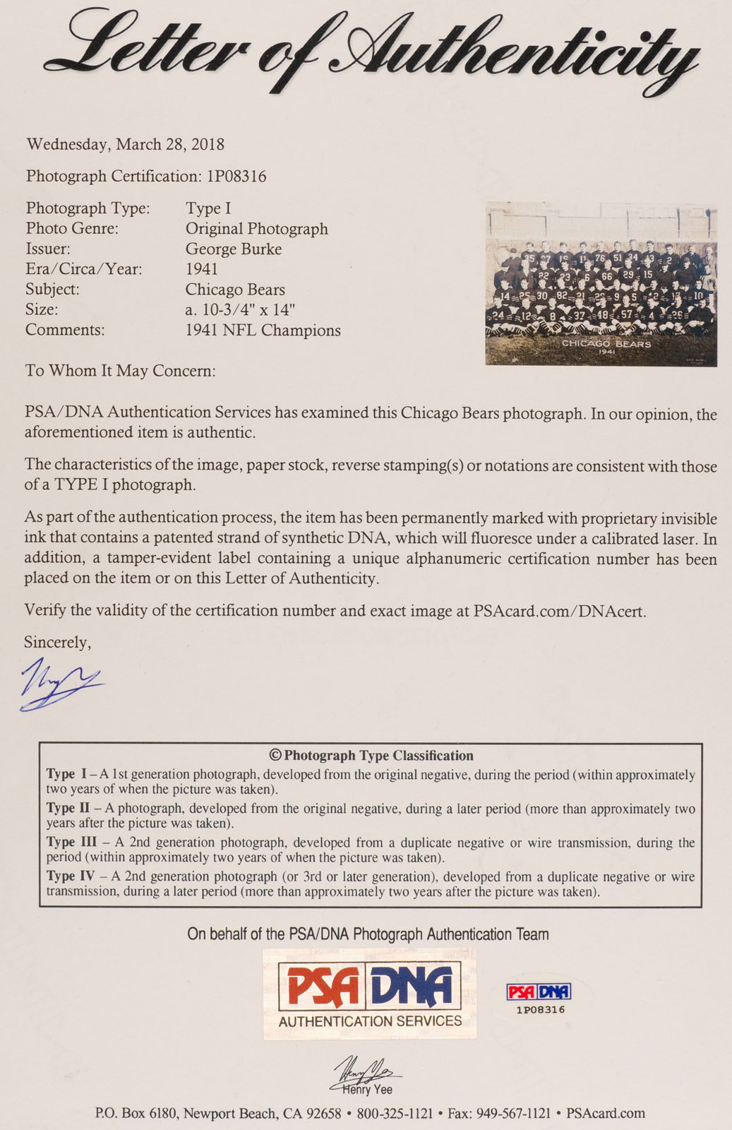 1941 Chicago Bears George Burke Original Large-Format Team Photograph ...