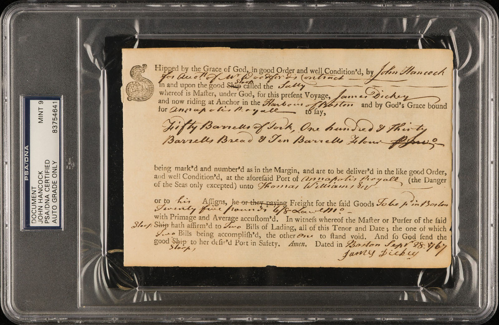 1767 John Hancock Signed Document - PSA/DNA MINT 9 | REA Archive