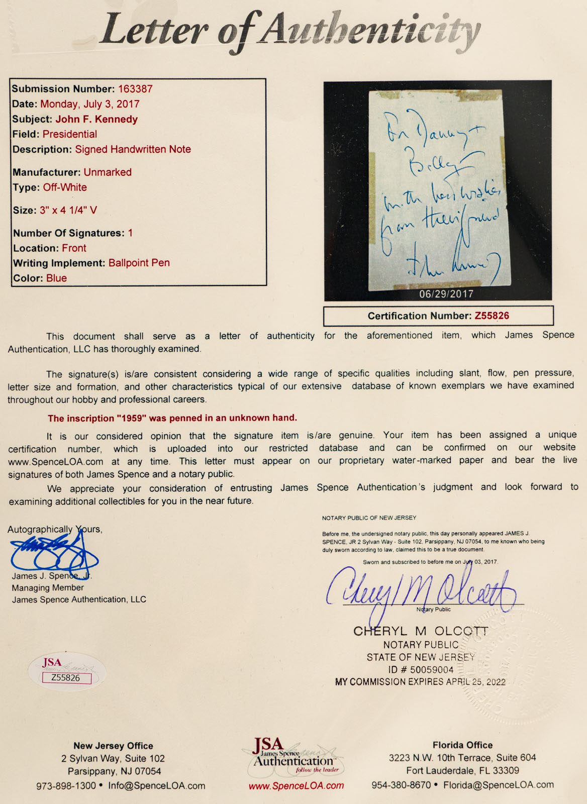 John F. Kennedy and Jacqueline Kennedy Signed Handwritten Letters in ...