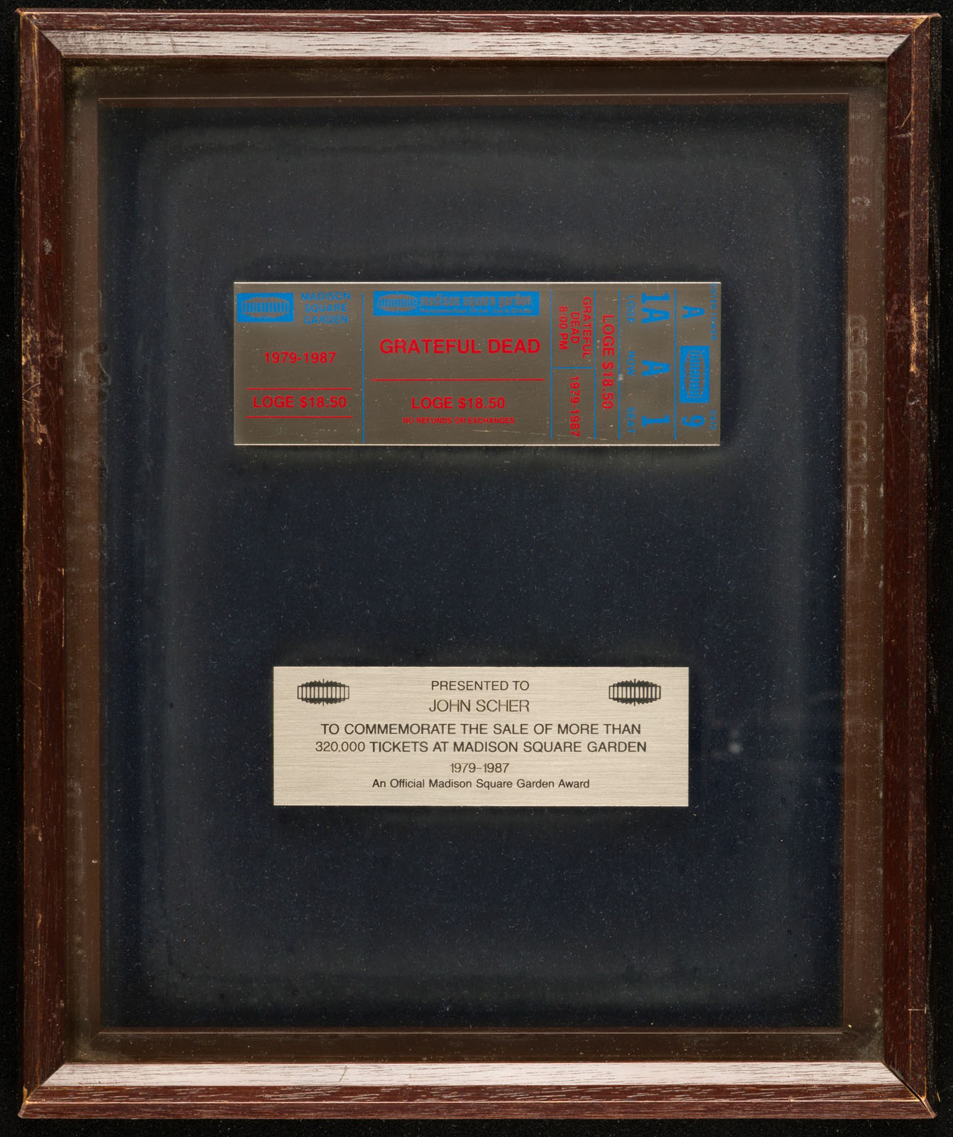 1987 Commemorative Award Presented to John Scher for Madison Square ...