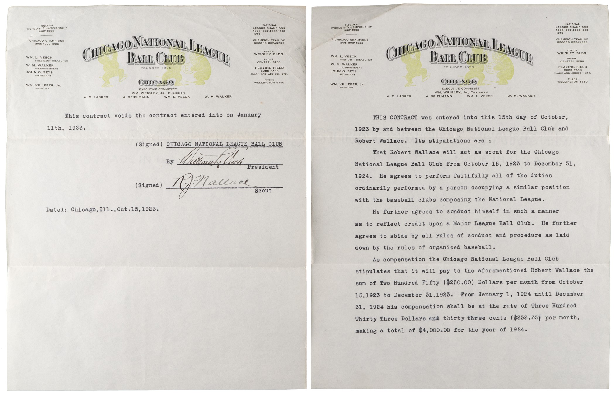 1923-1924 Roderick "Bobby" Wallace Chicago Cubs Scouting Contract | REA ...