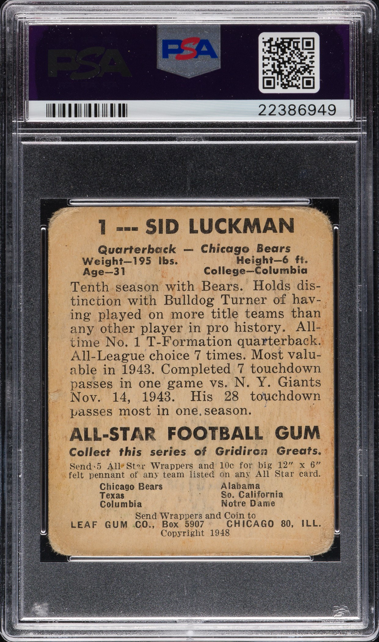 1948 Leaf Football #1 Sid Luckman Rookie White Background | REA Archive