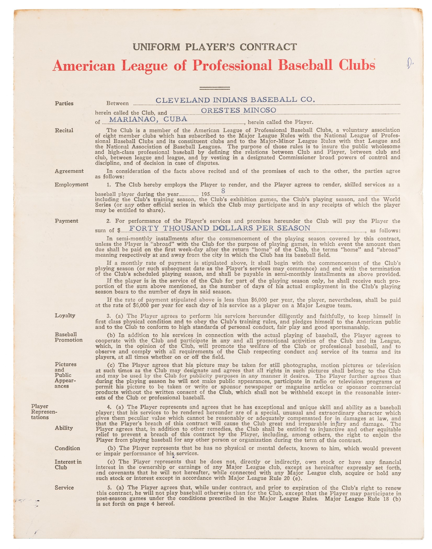 1958 Minnie Minoso Cleveland Indians Contract | REA Archive