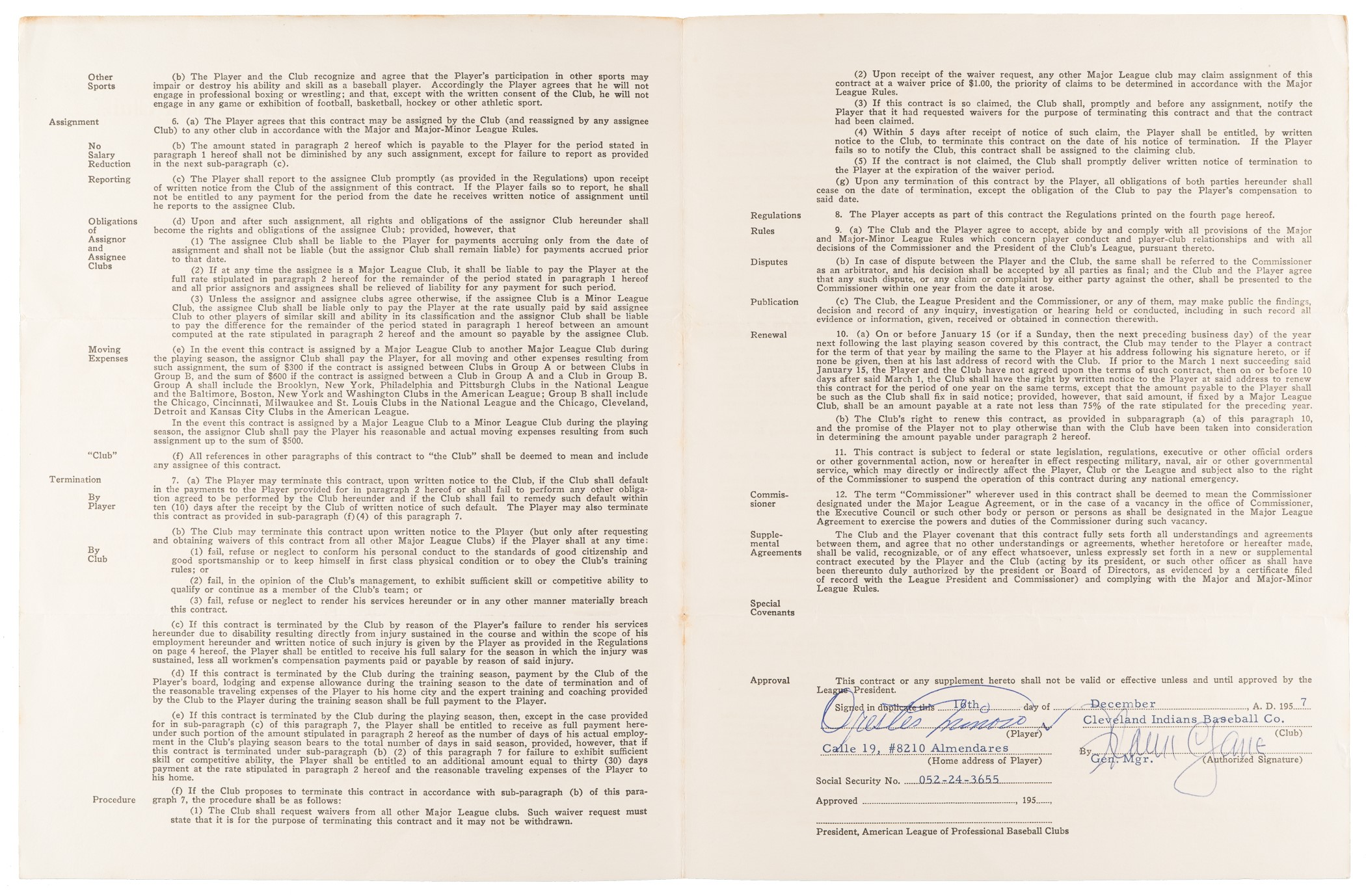 1958 Minnie Minoso Cleveland Indians Contract | REA Archive