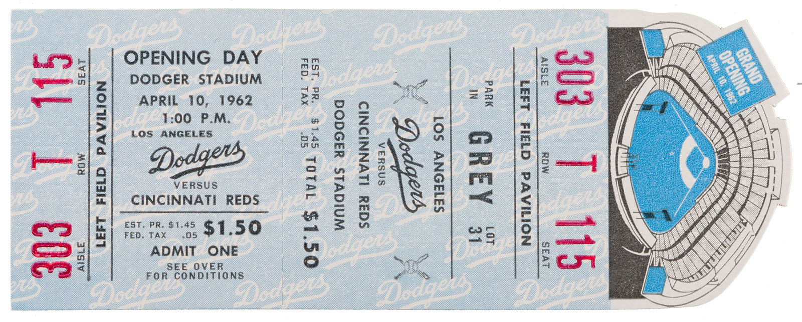 1962 Dodger Stadium Inaugural Game Full Die-Cut Ticket | REA Archive