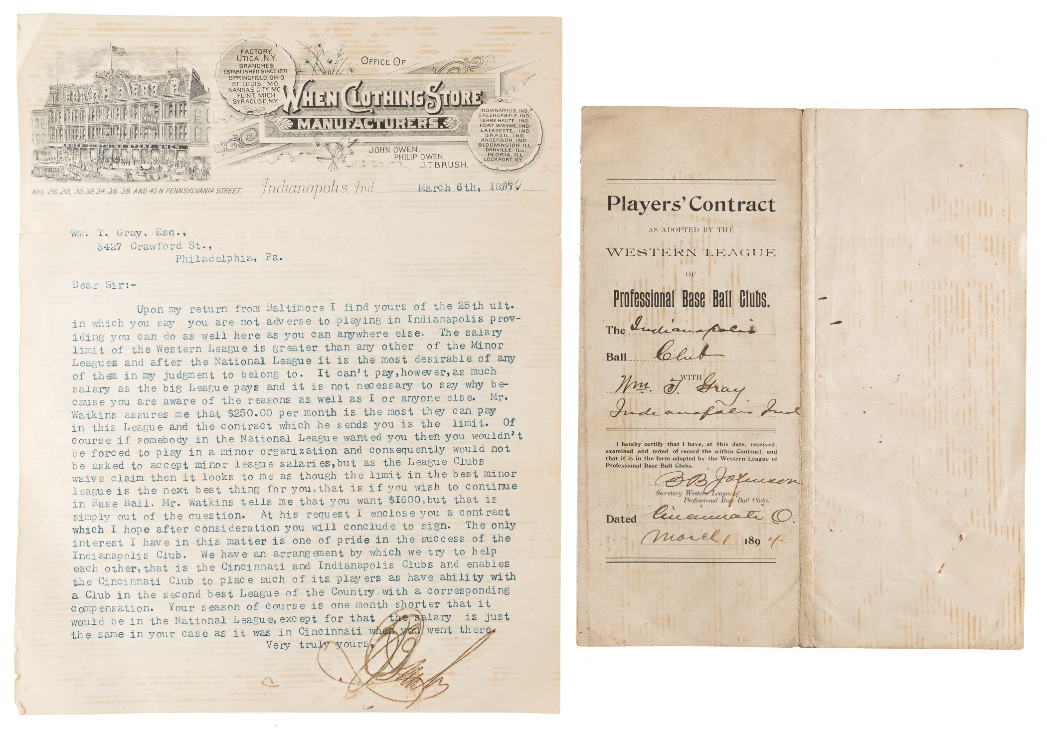 1890-1897 William Gray Baseball Document Collection with John Brush Letter and Ban Johnson ...