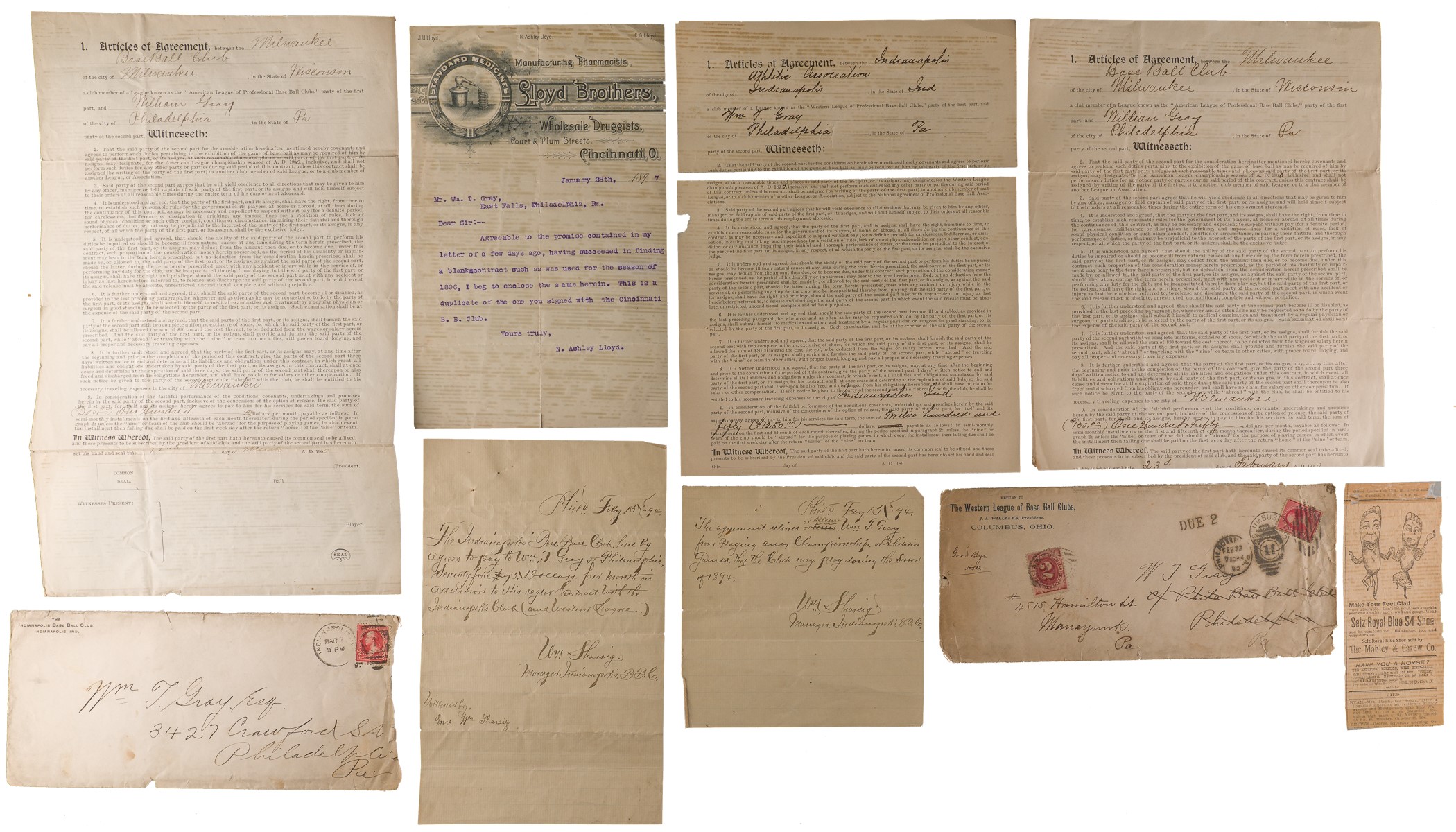 1890-1897 William Gray Baseball Document Collection with John Brush Letter and Ban Johnson ...