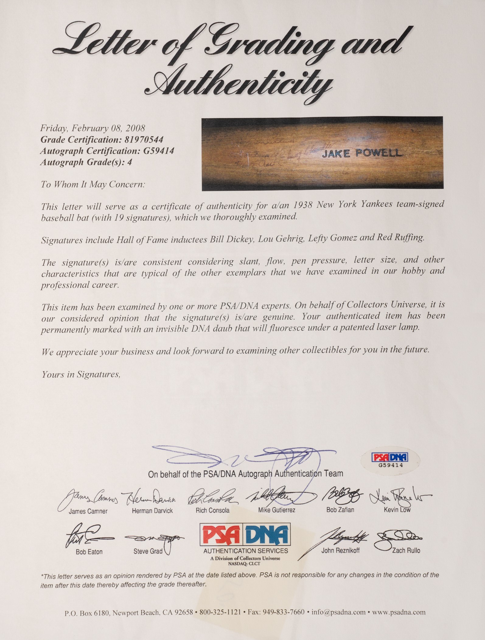 1938 New York Yankees Team-Signed Jake Powell Hanna Batrite Bat with ...