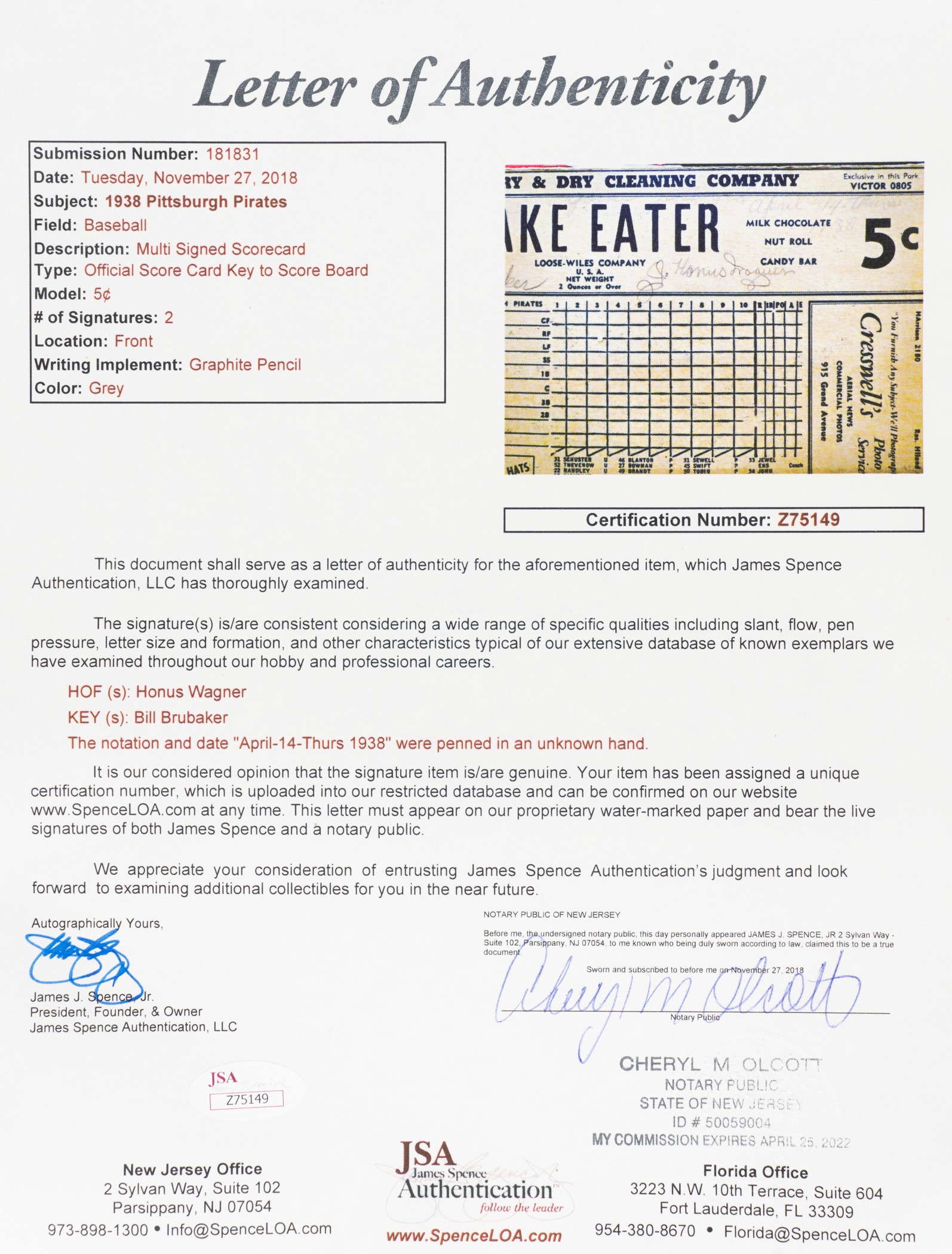 1938 Honus Wagner Cut Signature from Scorecard - JSA | REA Archive