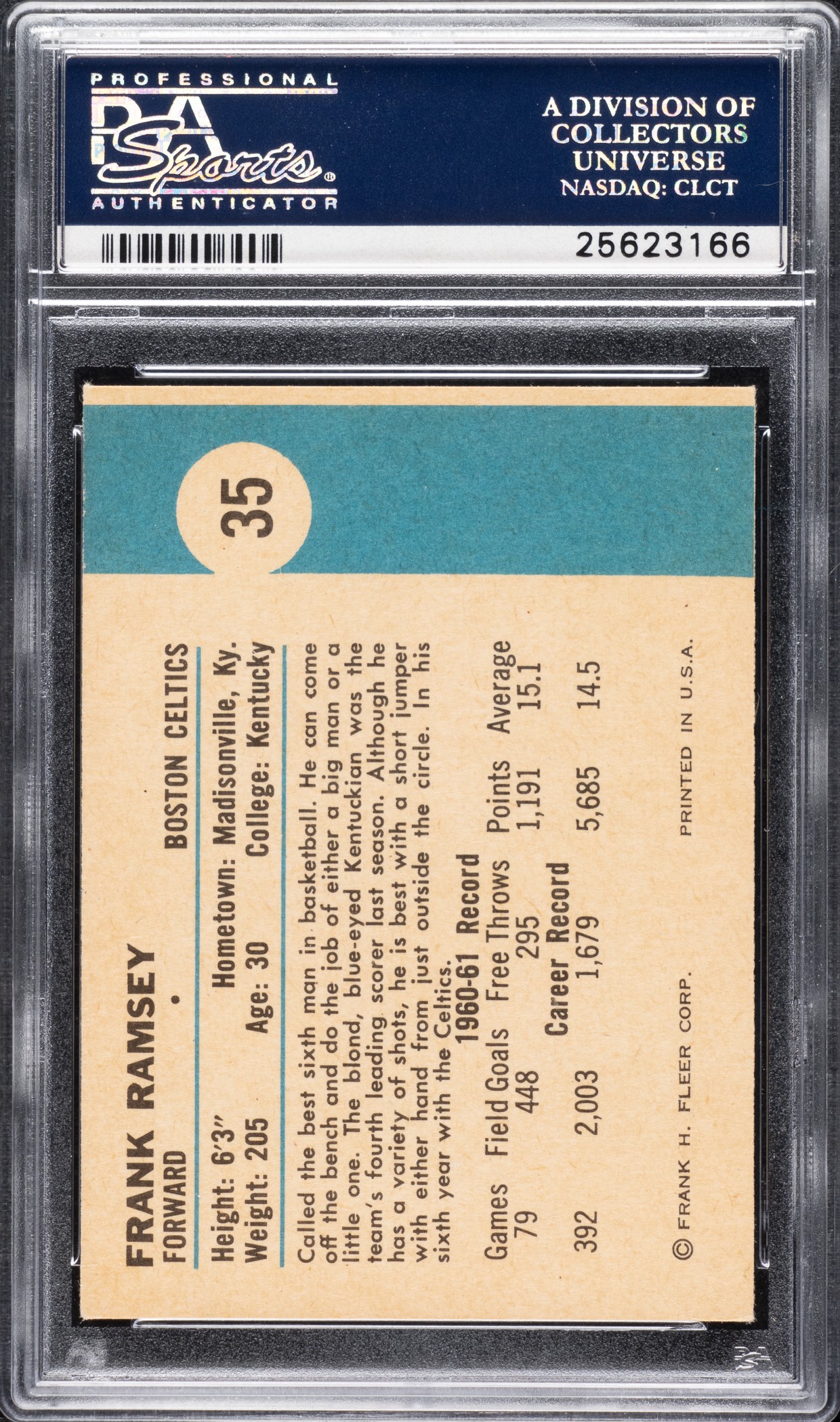 Signed 1961-1962 Fleer Basketball #35 Frank Ramsey PSA EX 5 | REA Archive