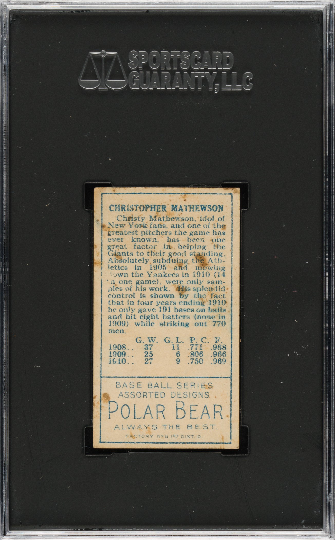 1911 T205 Gold Border Christy Mathewson SGC VG/EX 4 - Polar Bear Back ...