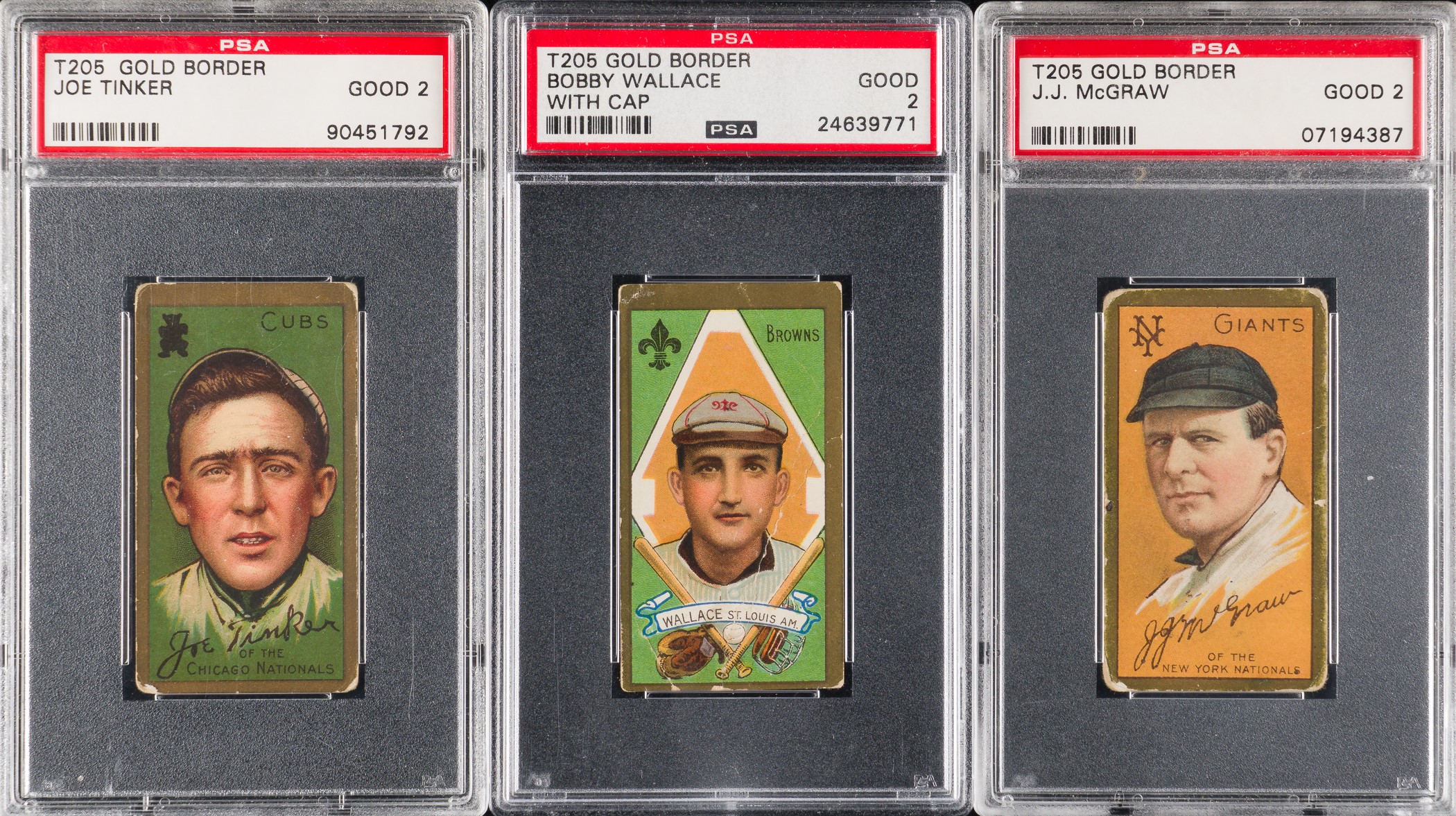 1911 T205 Gold Border Hall of Fame PSA GOOD 2 Trio: McGraw, Tinker, and ...