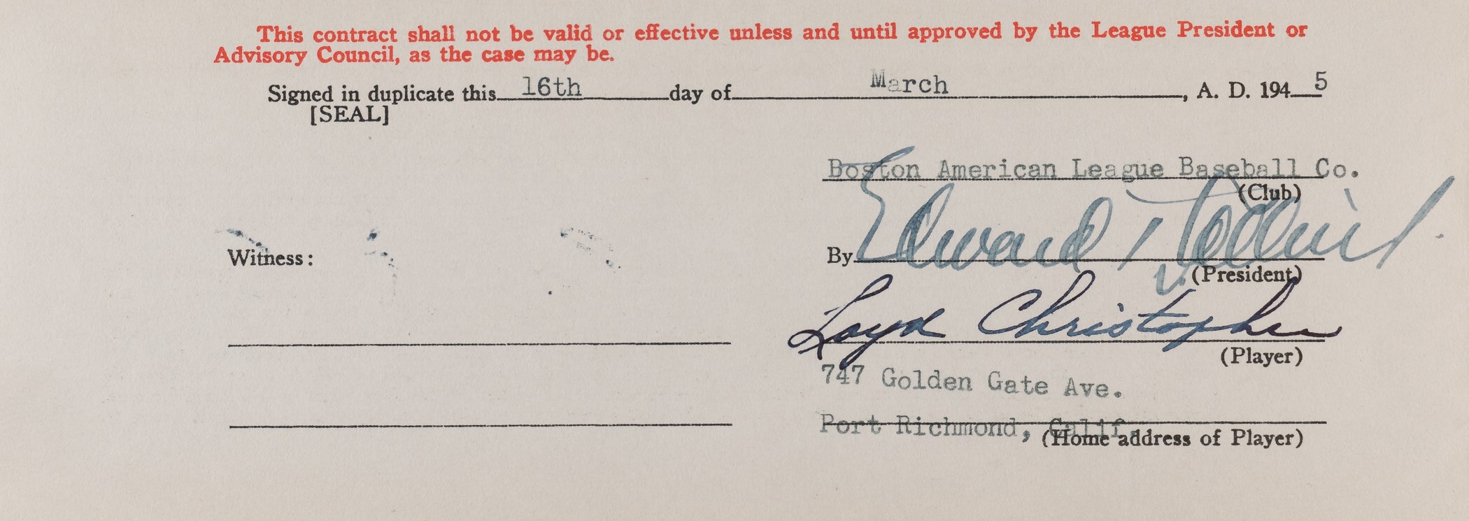 1945 Lloyd Christopher Boston Red Sox Contract -Twice Signed by Eddie ...