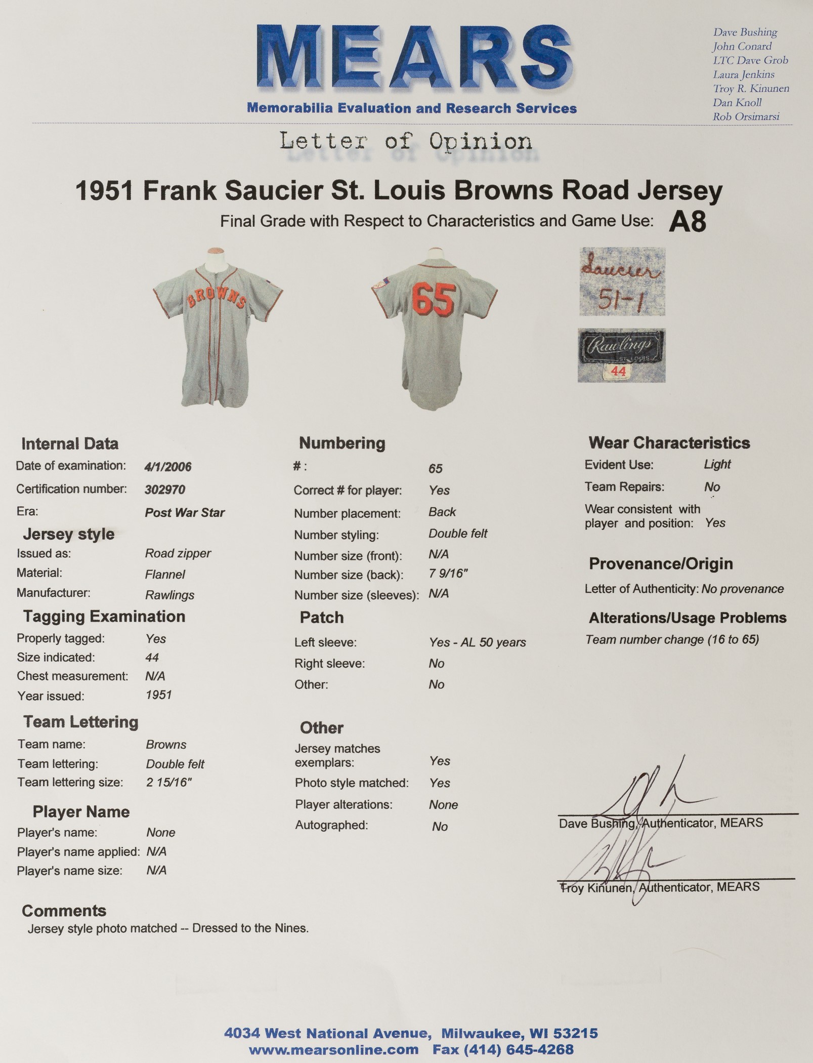 1951 Frank Saucier St. Louis Browns Game-Used Road Jersey MEARS A8 ...