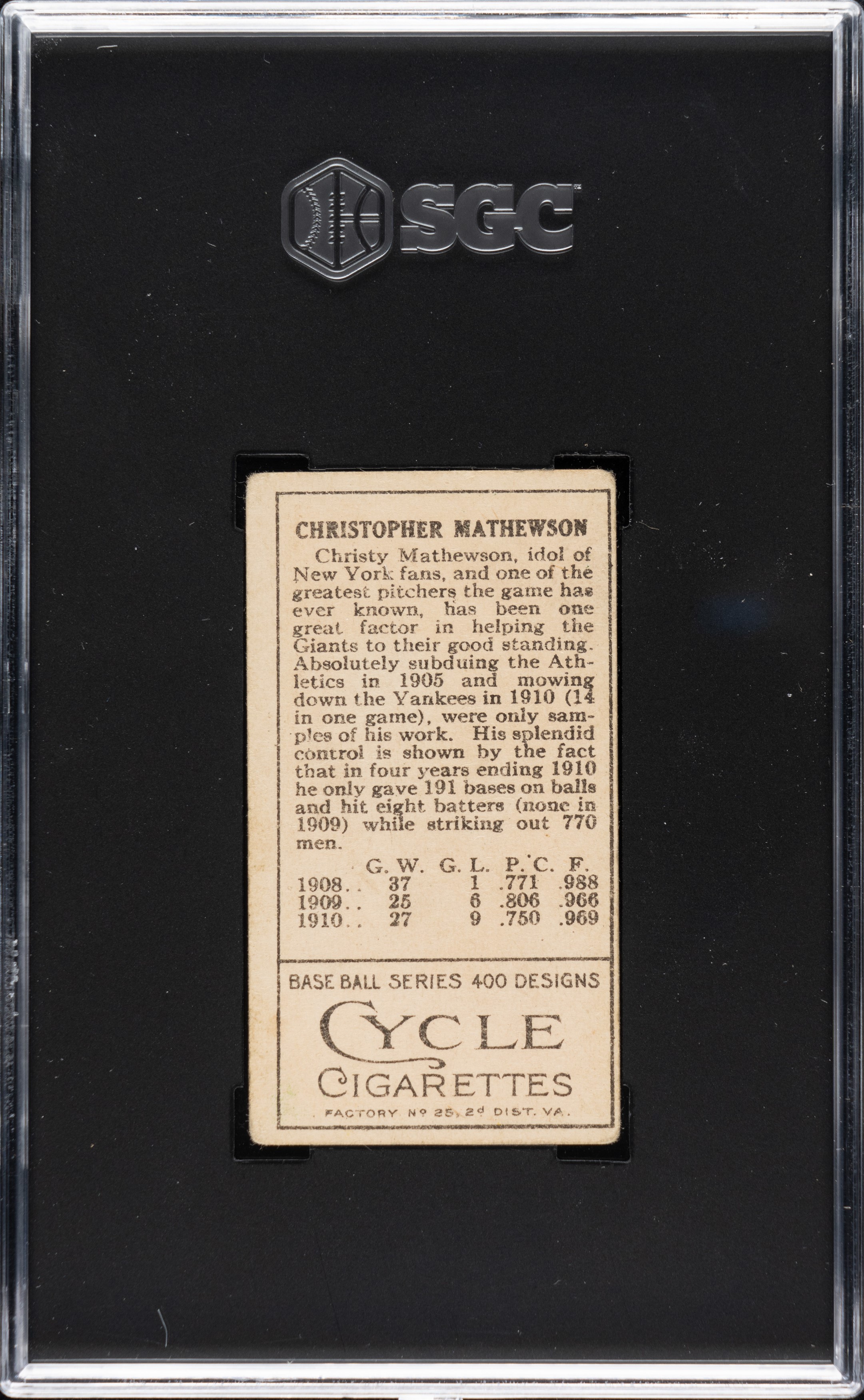1911 T205 Gold Border Christy Mathewson Cycle 1 Loss Variation SGC VG 3 ...