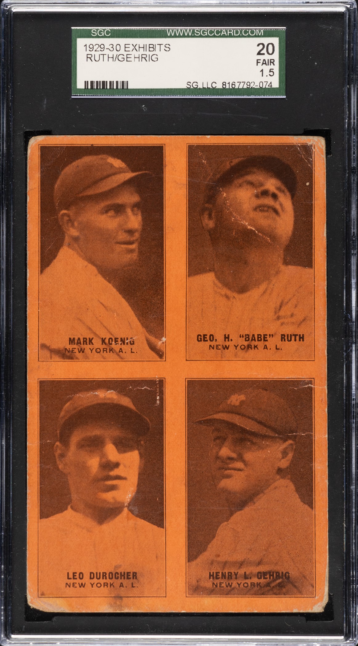 1929-1930 Exhibits 4-on-1 with Babe Ruth, Lou Gehrig, and Leo Durocher ...