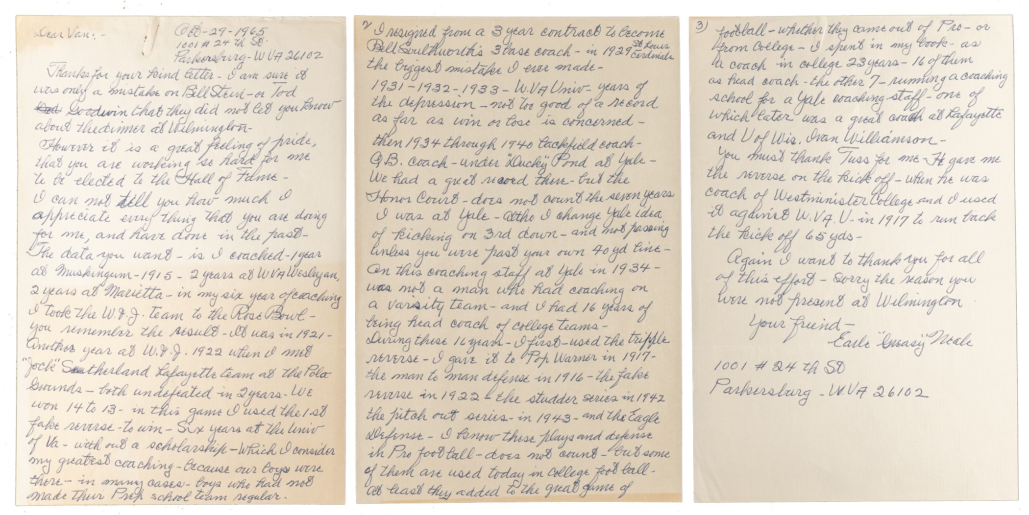 1965 Earle "Greasy" Neale Handwritten Letter - JSA | REA Archive