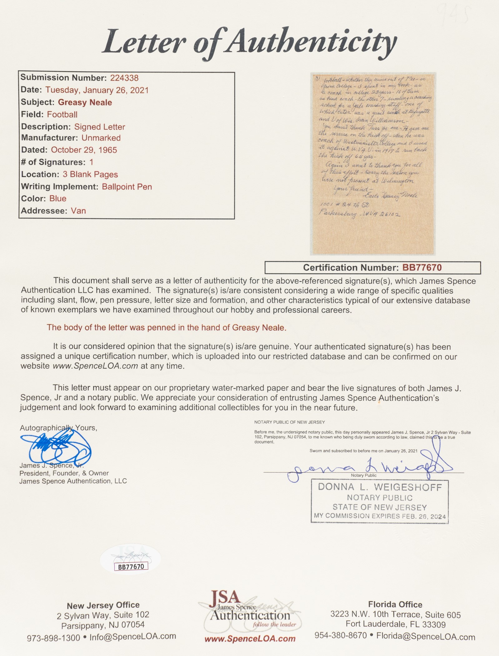 1965 Earle "Greasy" Neale Handwritten Letter - JSA | REA Archive