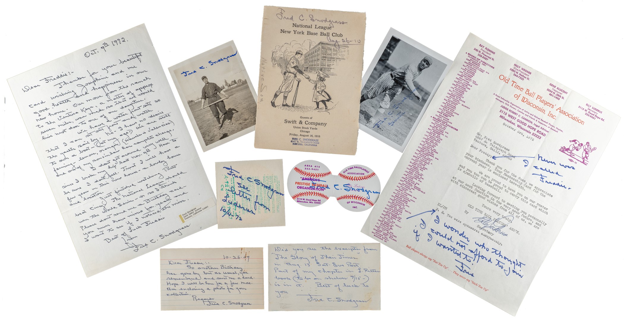 Collection of Fred Snodgrass Signed Items Including Handwritten Letter ...