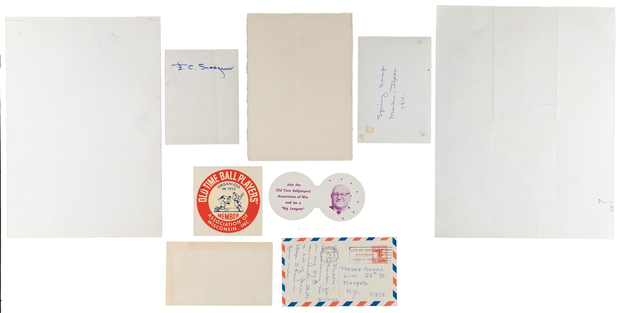 Collection of Fred Snodgrass Signed Items Including Handwritten Letter ...