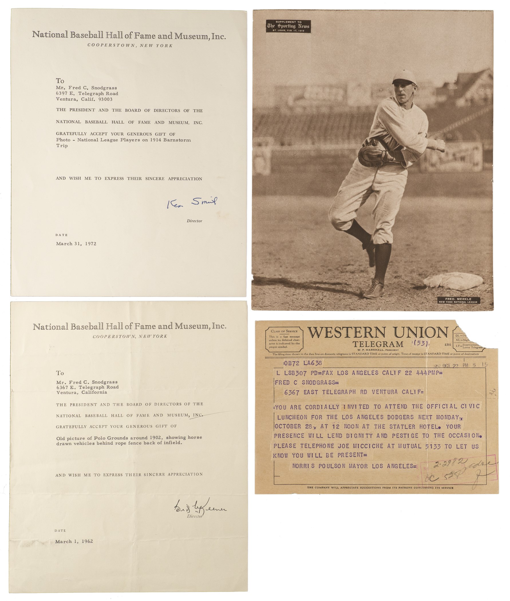 Collection of Fred Snodgrass Signed Items Including Handwritten Letter ...