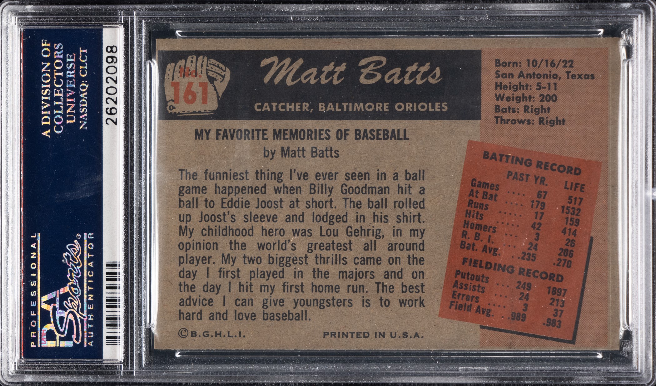 1955 Bowman #161 Matt Batts PSA MINT 9 - Highest Graded! | REA Archive