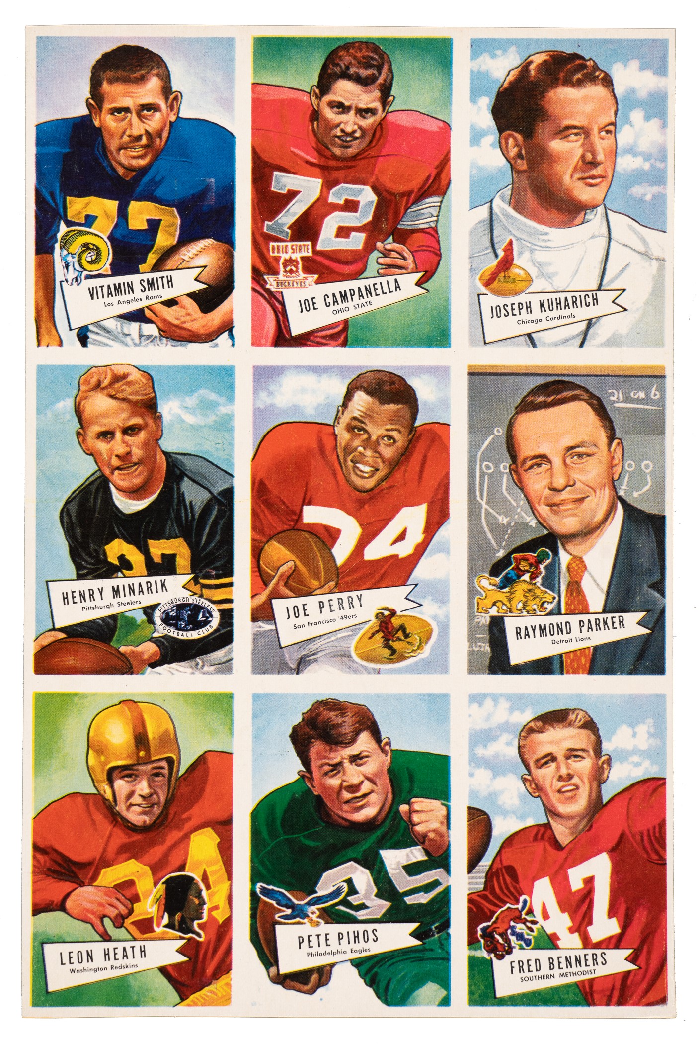 1952 Bowman Small Football Uncut Proof Sheet (9 Cards) with Joe Perry ...