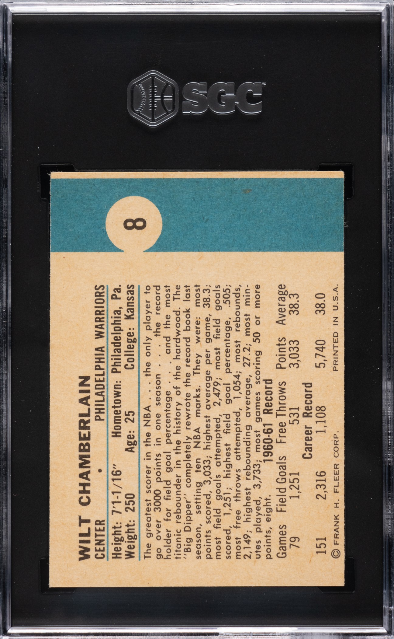 1961-1962 Fleer Basketball #8 Wilt Chamberlain Rookie SGC VG/EX 4 | REA ...