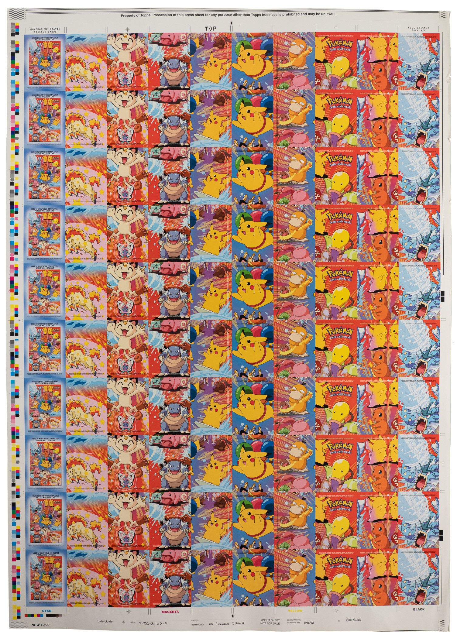 2000 Topps Pokemon TV Animation Stickers Second Series Uncut Sheet (100 ...