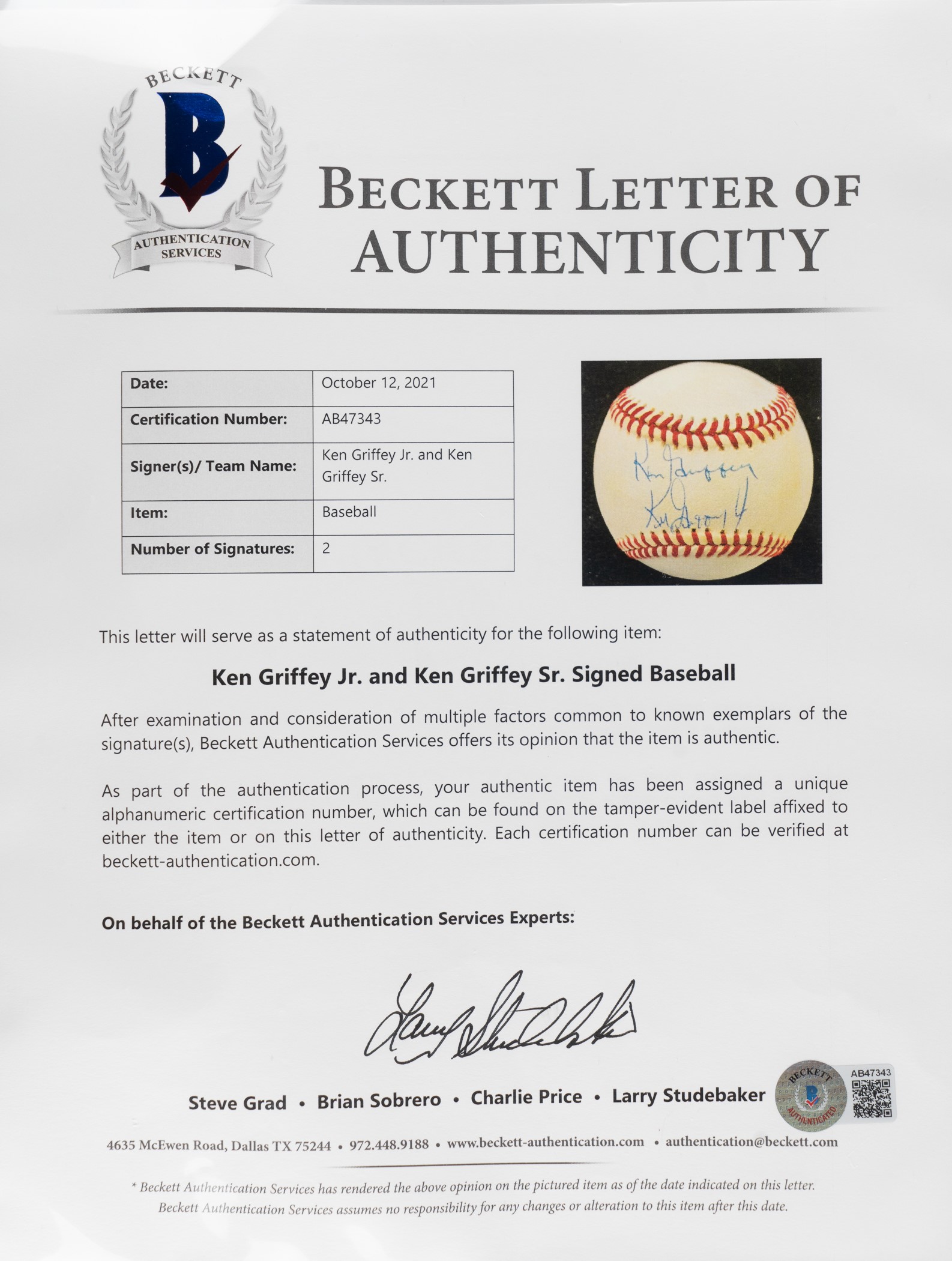 Ken Griffey Jr. and Ken Griffey Sr. Signed Baseball - Beckett | REA Archive