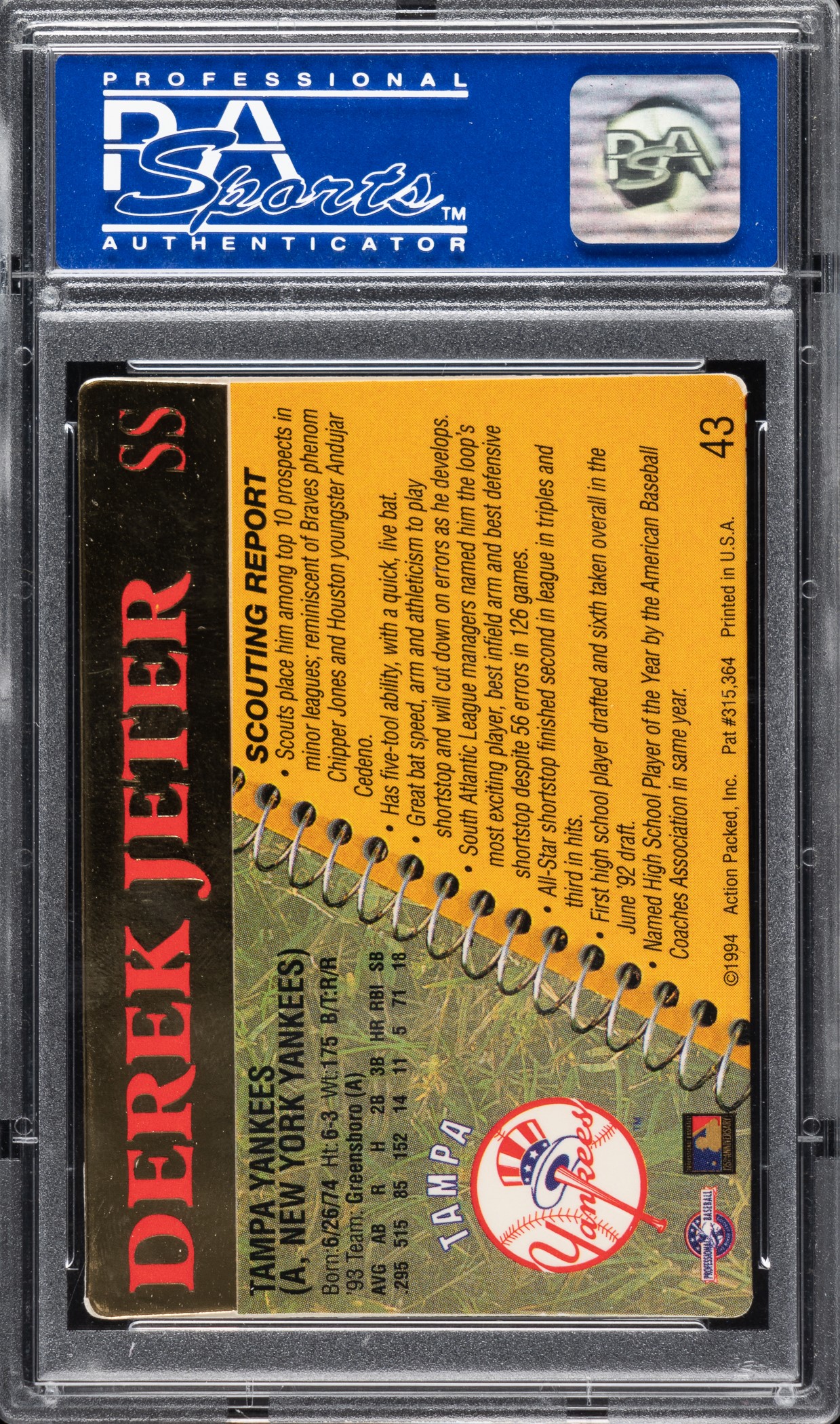 1994 Action Packed #43 Derek Jeter Scouting Report PSA GEM MINT 10 | REA Archive