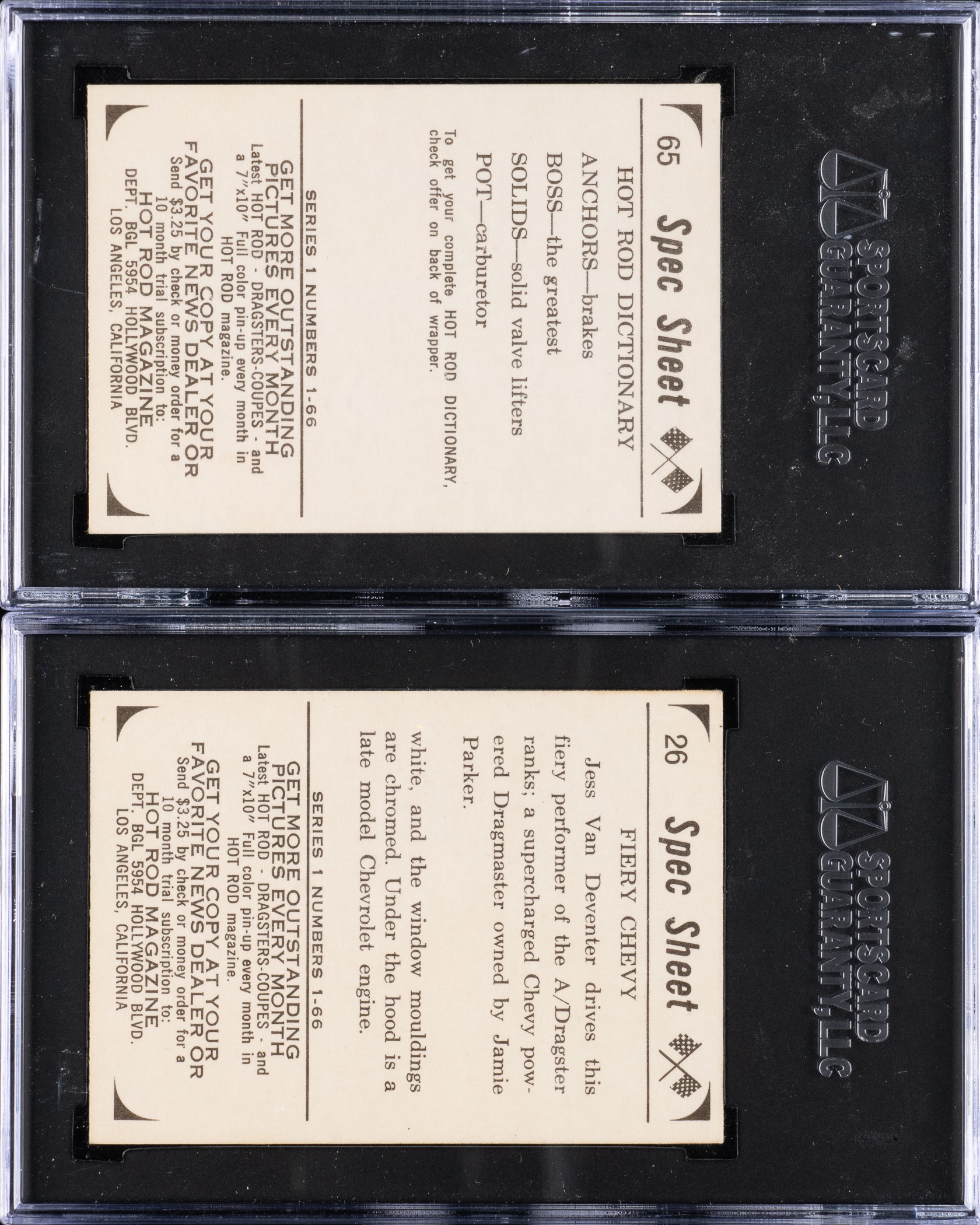 1965 Donruss "Spec Sheet" #26 Fiery Chevy and #65 Hot Rod Dictionary ...