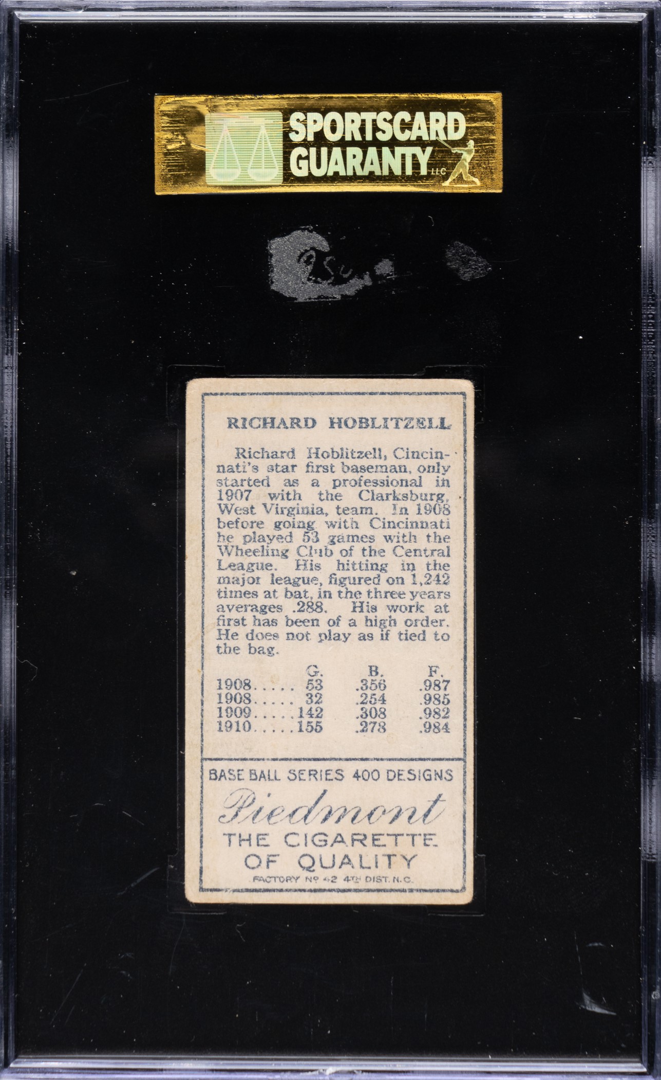 1911 T205 Gold Border Richard Hoblitzell No Cin After 1908 SGC VG/EX 50 ...