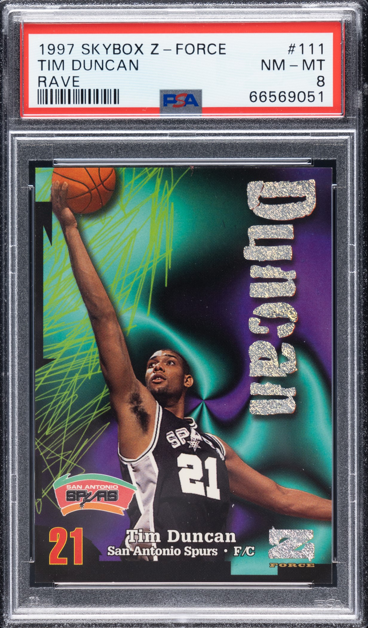 1997-1998 Skybox Z-Force Basketball Rave #111 Tim Duncan Rookie #48/399 ...