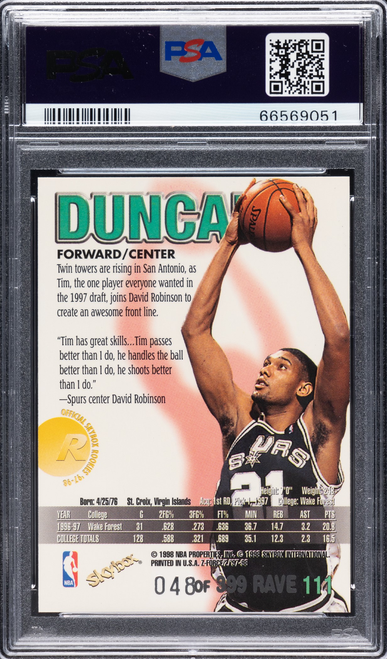 1997-1998 Skybox Z-Force Basketball Rave #111 Tim Duncan Rookie #48/399 ...