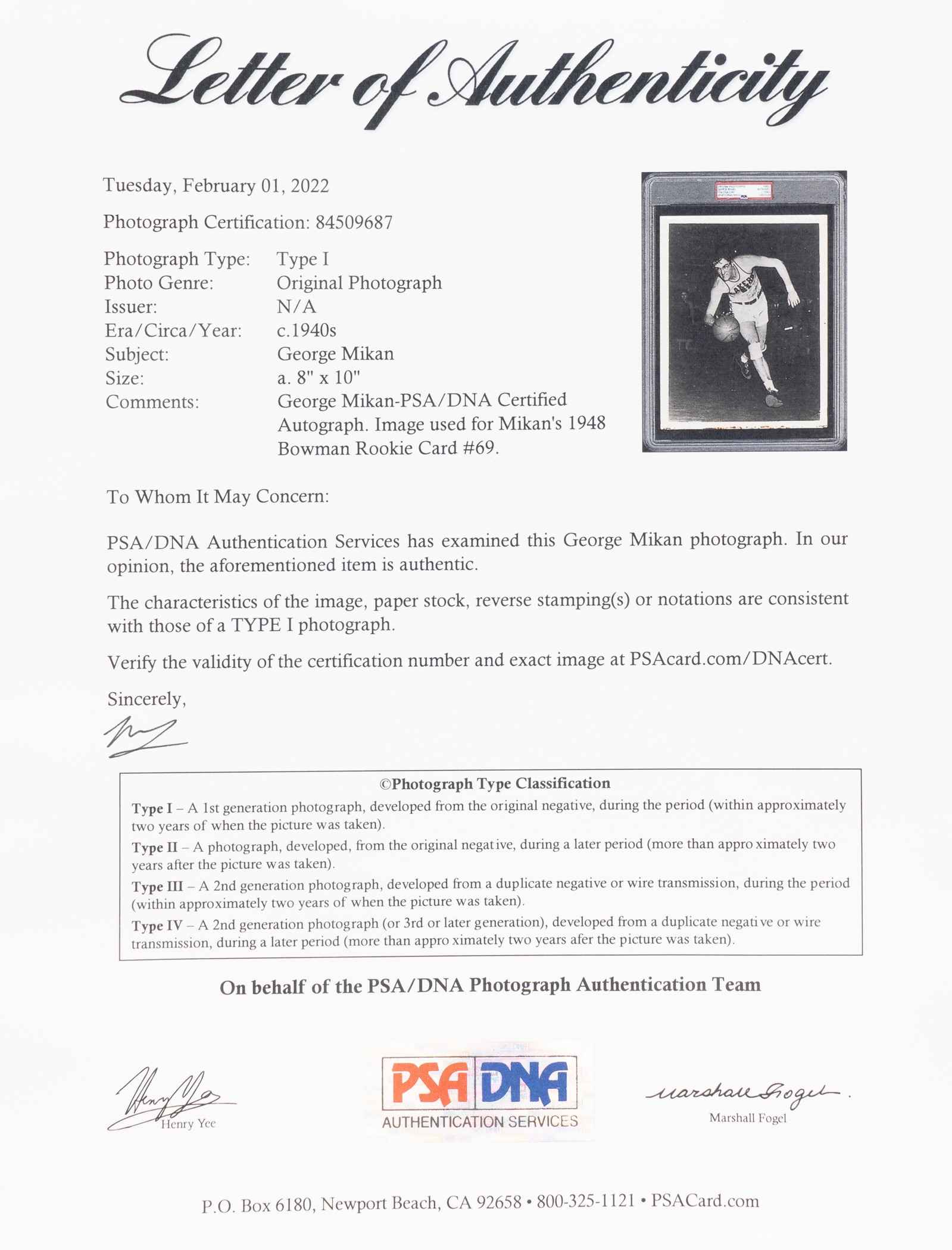 1948 George Mikan Original Photo PSA/DNA Type I - Used For 1948 Bowman ...