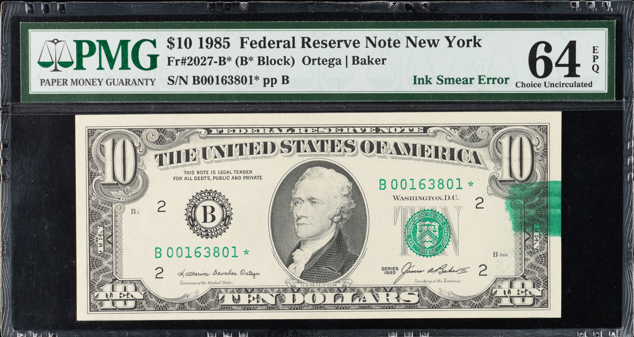 1985 $10 Federal Reserve Star Note Error - Ink Smear on Face PMG 64EPQ ...