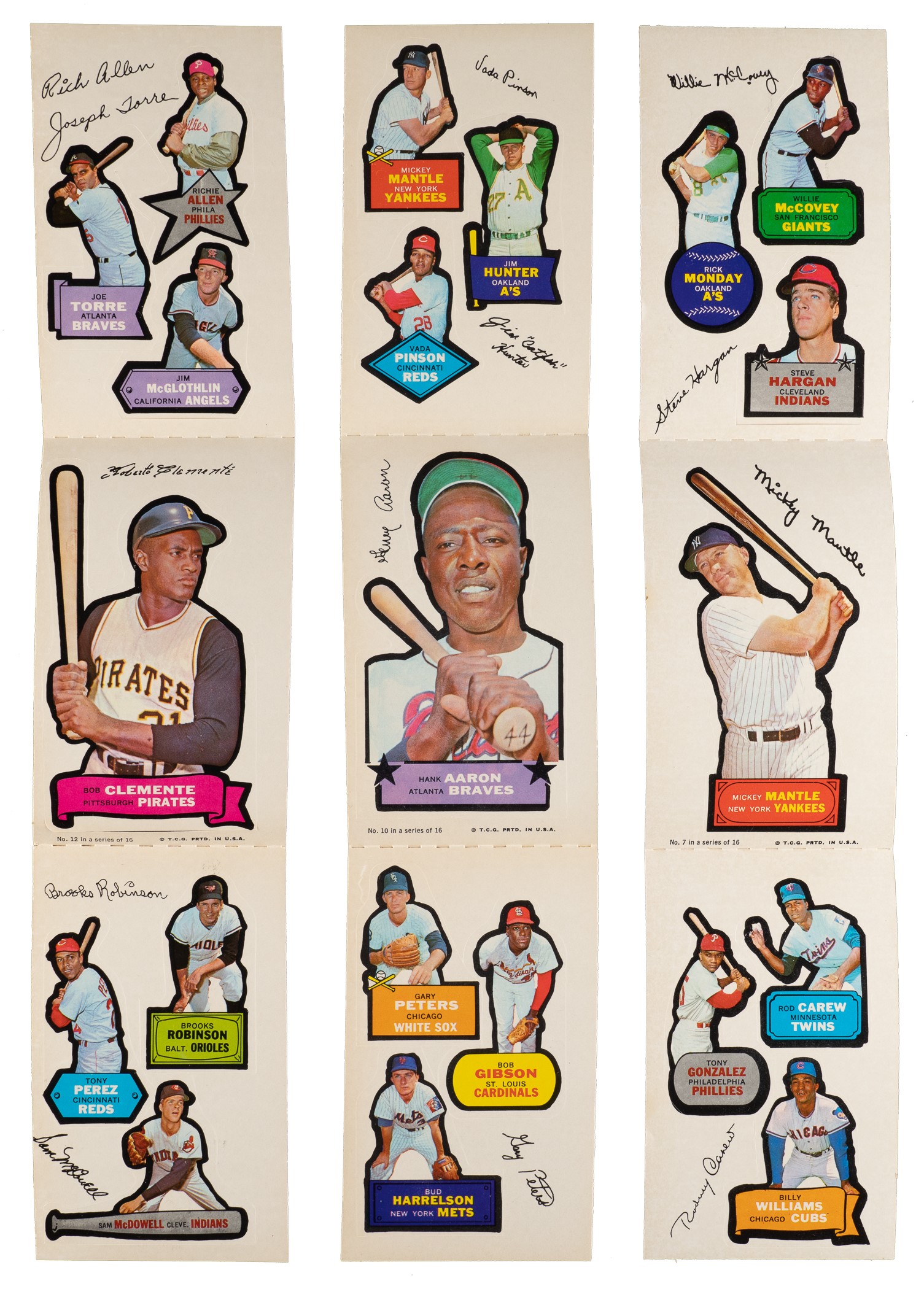 1968 Topps "Baseball Action All-Star Stickers" Complete Panel Set (16 ...
