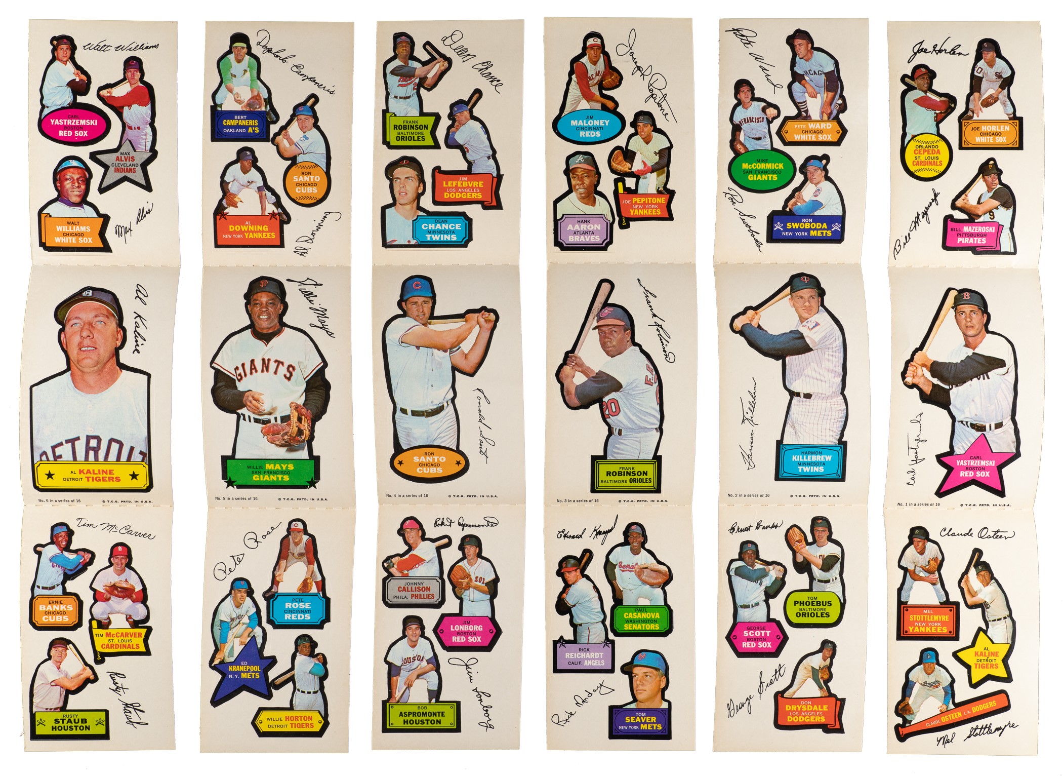 1968 Topps "Baseball Action All-Star Stickers" Complete Panel Set (16 ...