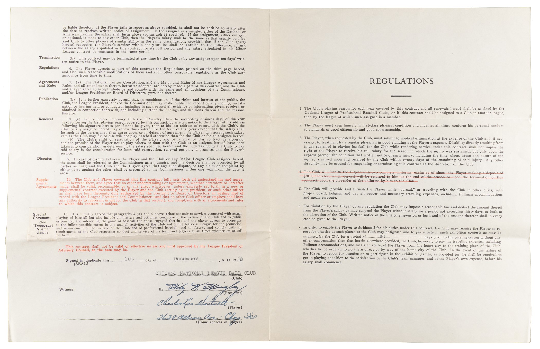 1939 Gabby Hartnett Chicago Cubs "Playing Manager" Contract | REA Archive