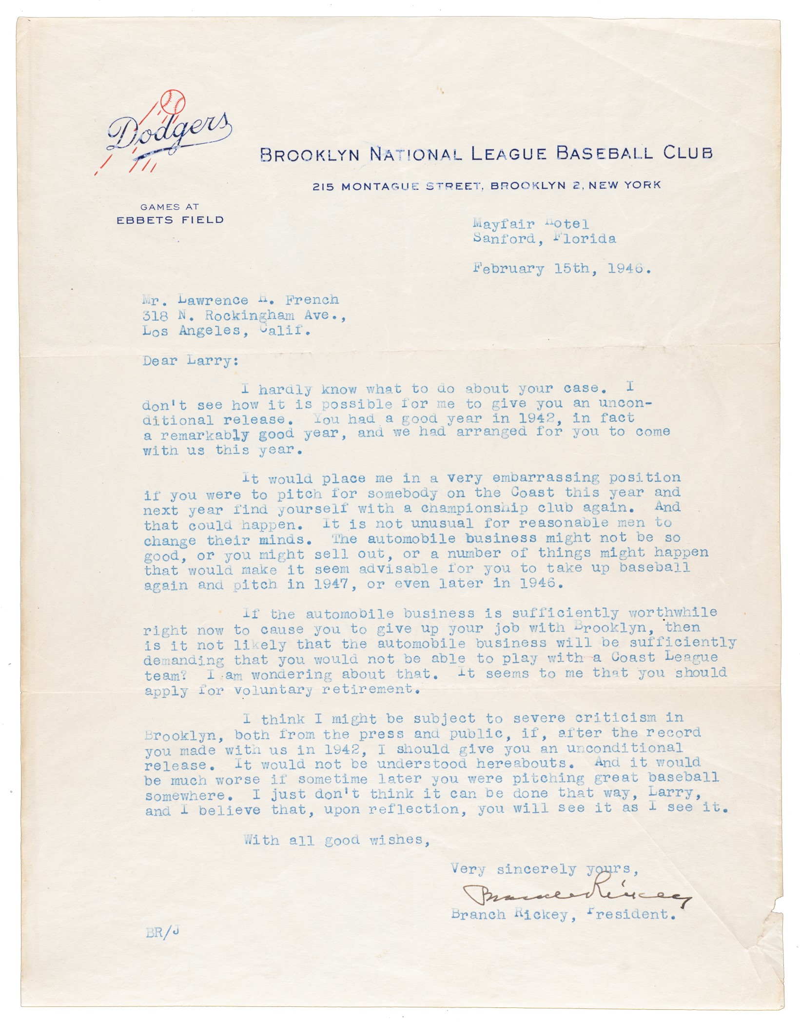 1946 Branch Rickey Signed Letter to Brooklyn Dodgers Pitcher Larry ...