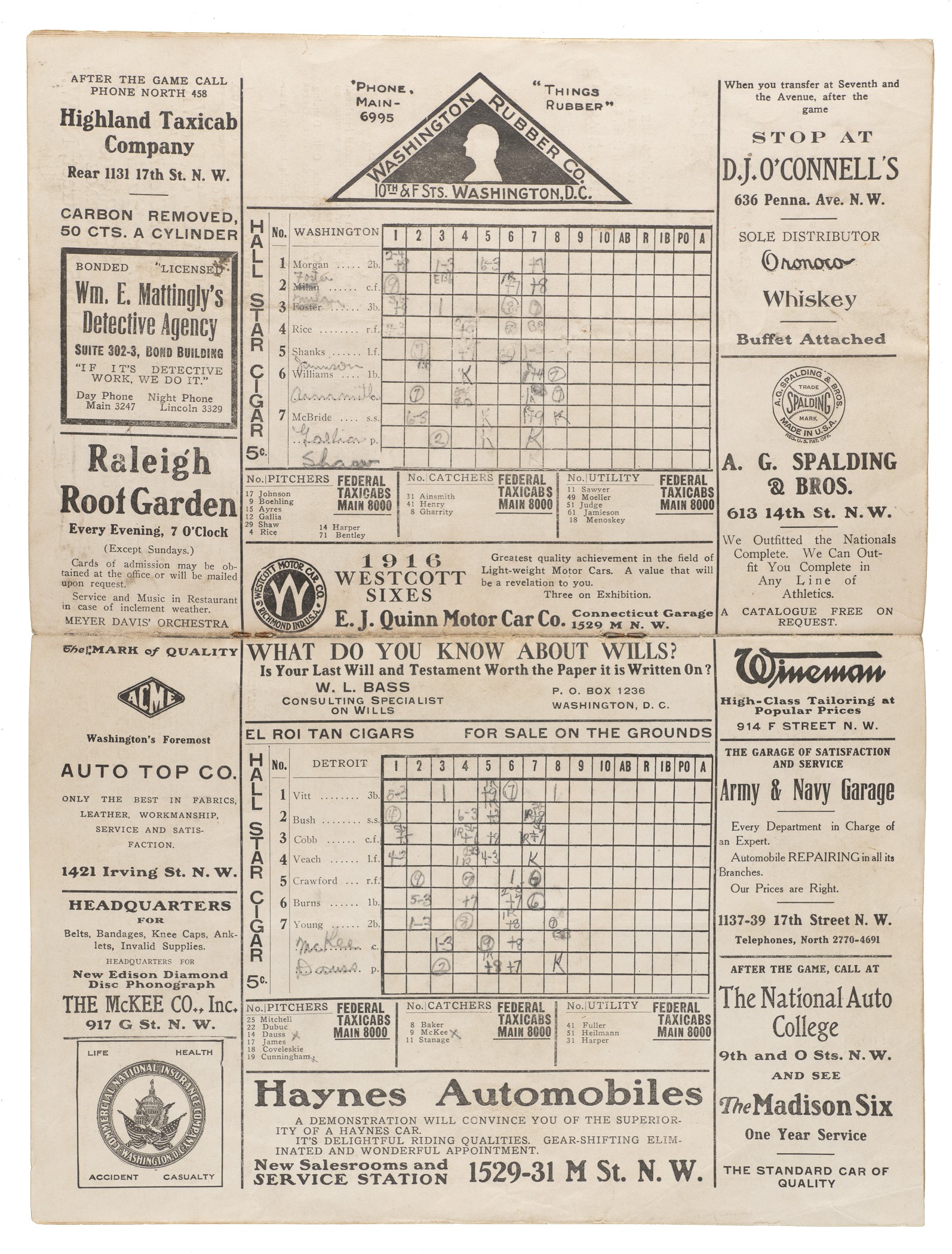 1916 Washington Senators (vs. Detroit Tigers) Program with Cobb ...