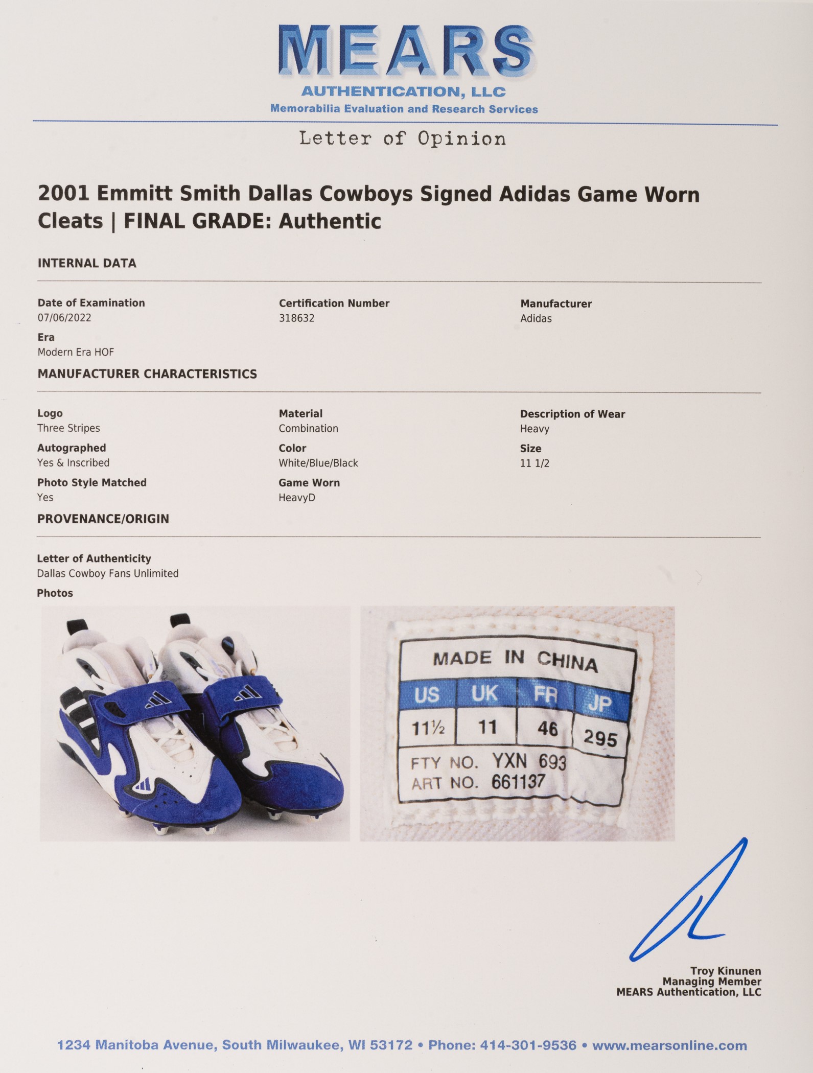 2001 Emmitt Smith Dallas Cowboys Signed Game-Used Cleats - MEARS | REA ...