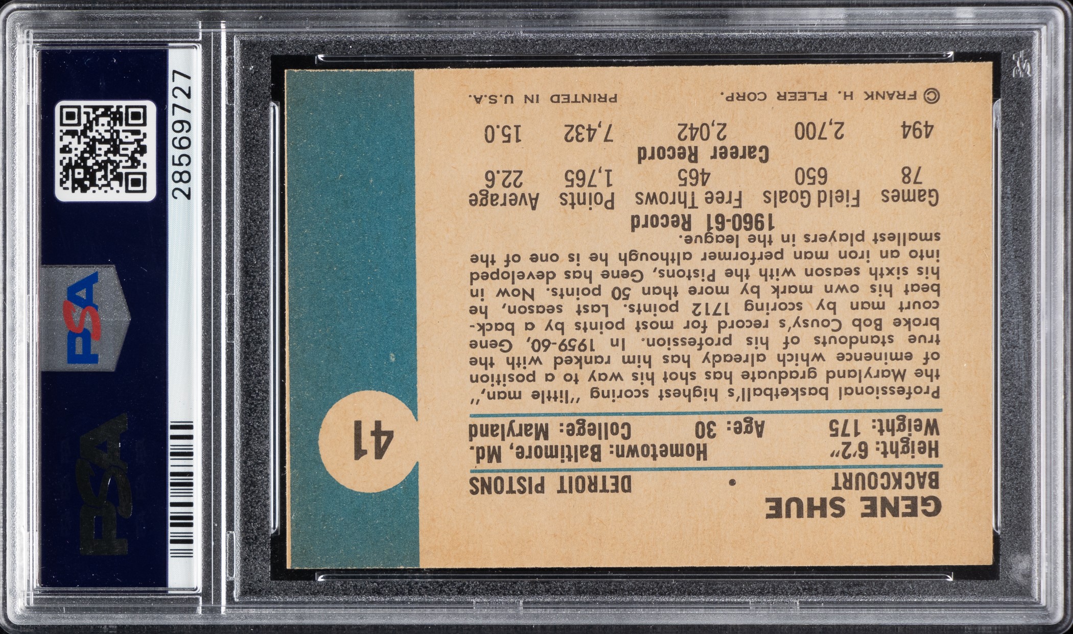 1961-1962 Fleer Basketball #41 Gene Shue PSA MINT 9 | REA Archive