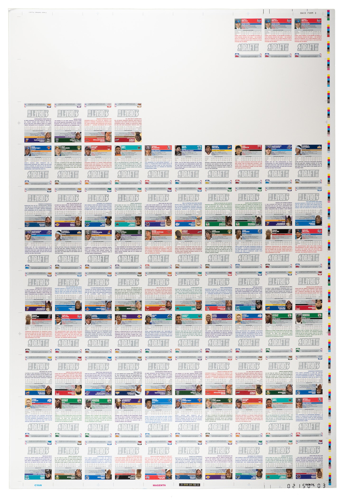 2003-2004 Topps Draft Picks Basketball Uncut Sheet (87 Cards) Including ...