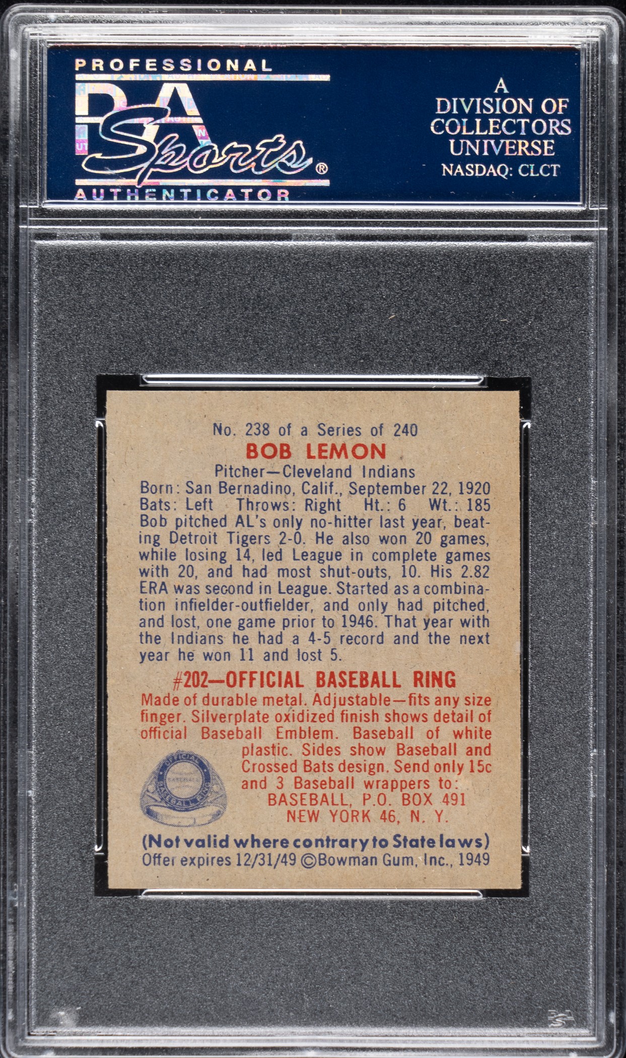 1949 Bowman #238 Bob Lemon Rookie PSA MINT 9 - 1 of 3 - Highest Graded ...